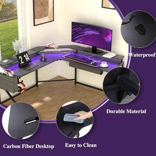 L Shaped Gaming Desk with Power Outlets, 51.5" Computer Desk with Cup Holder and Headphone Holder,Corner Desk Home Office Desk with Glowing Mouse Pad,Black