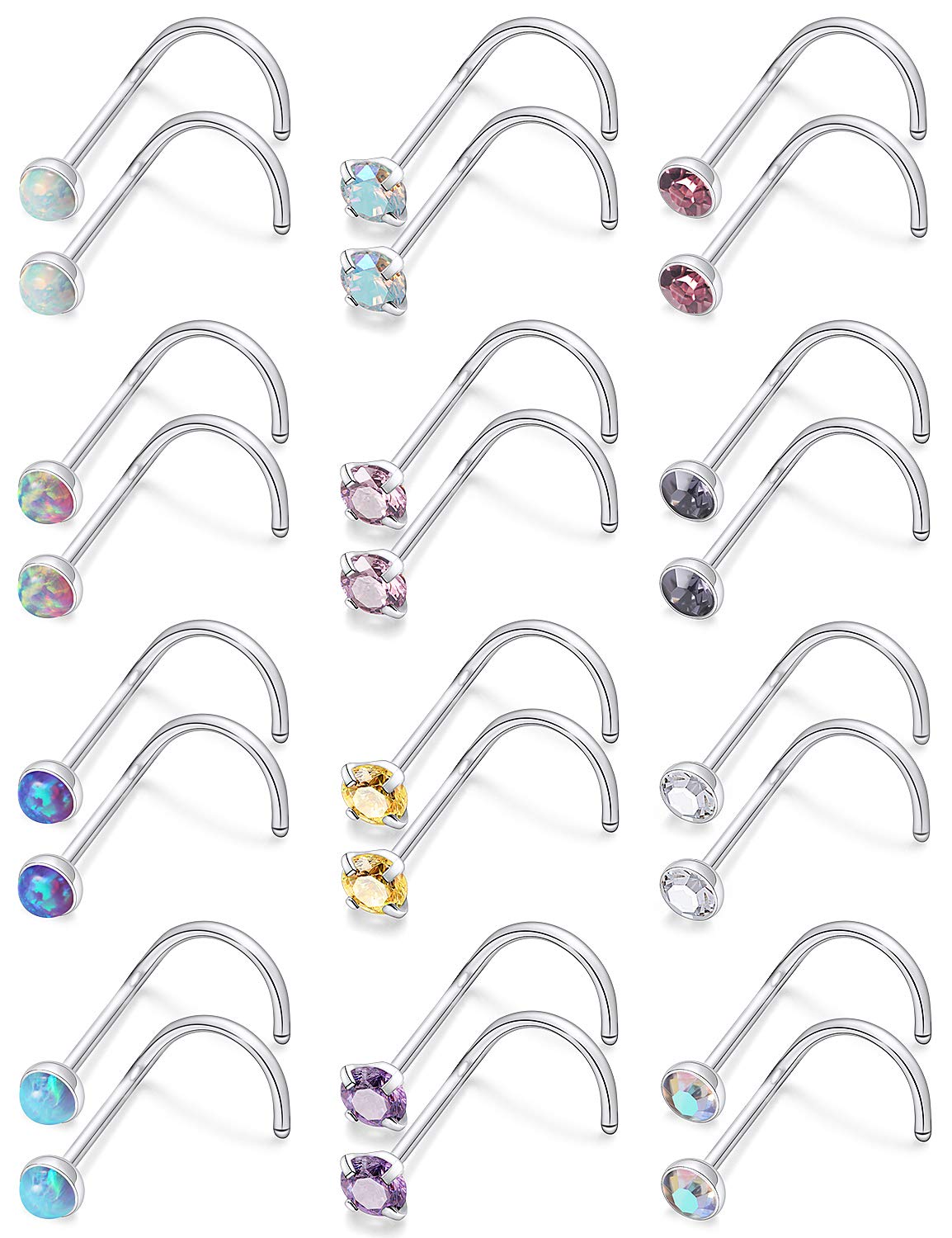 Kridzisw 18G Nose Rings for Women Stainless Surgical Steel Opal Diamond Silver Nose Ring Studs Corkscrew Screw Twist Spiral Nose Nostril Piercing Studs Hook Piercing Jewelry for Women Men 1.5mm