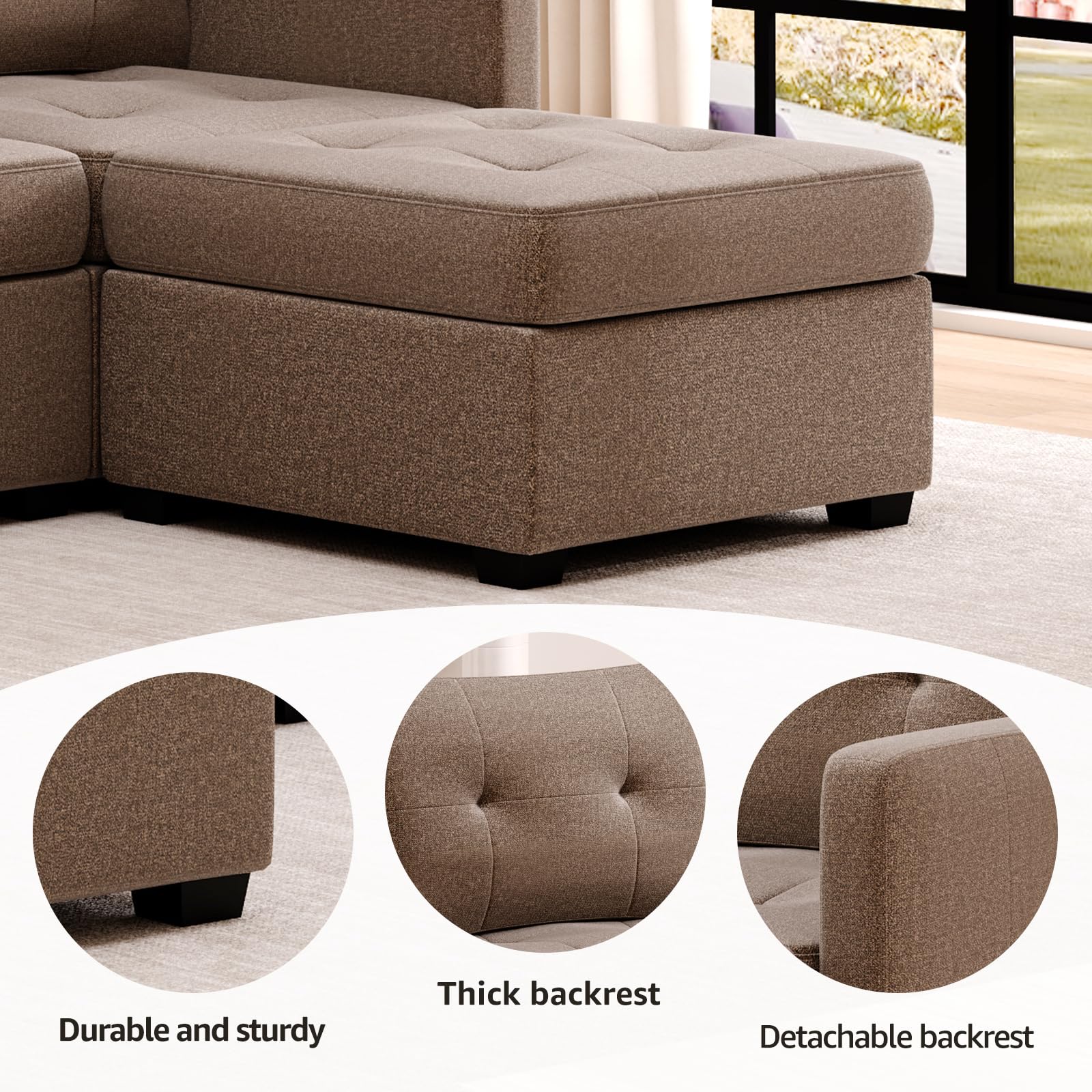 Wimarsbon Modular Sectional Sofa Set U Shaped Couch Chenille Fabric Sectional Couches 6 Seat Modular Sofa with Storage Ottoman for Living Room and Lounge (Brown, U-Shaped Sofa)