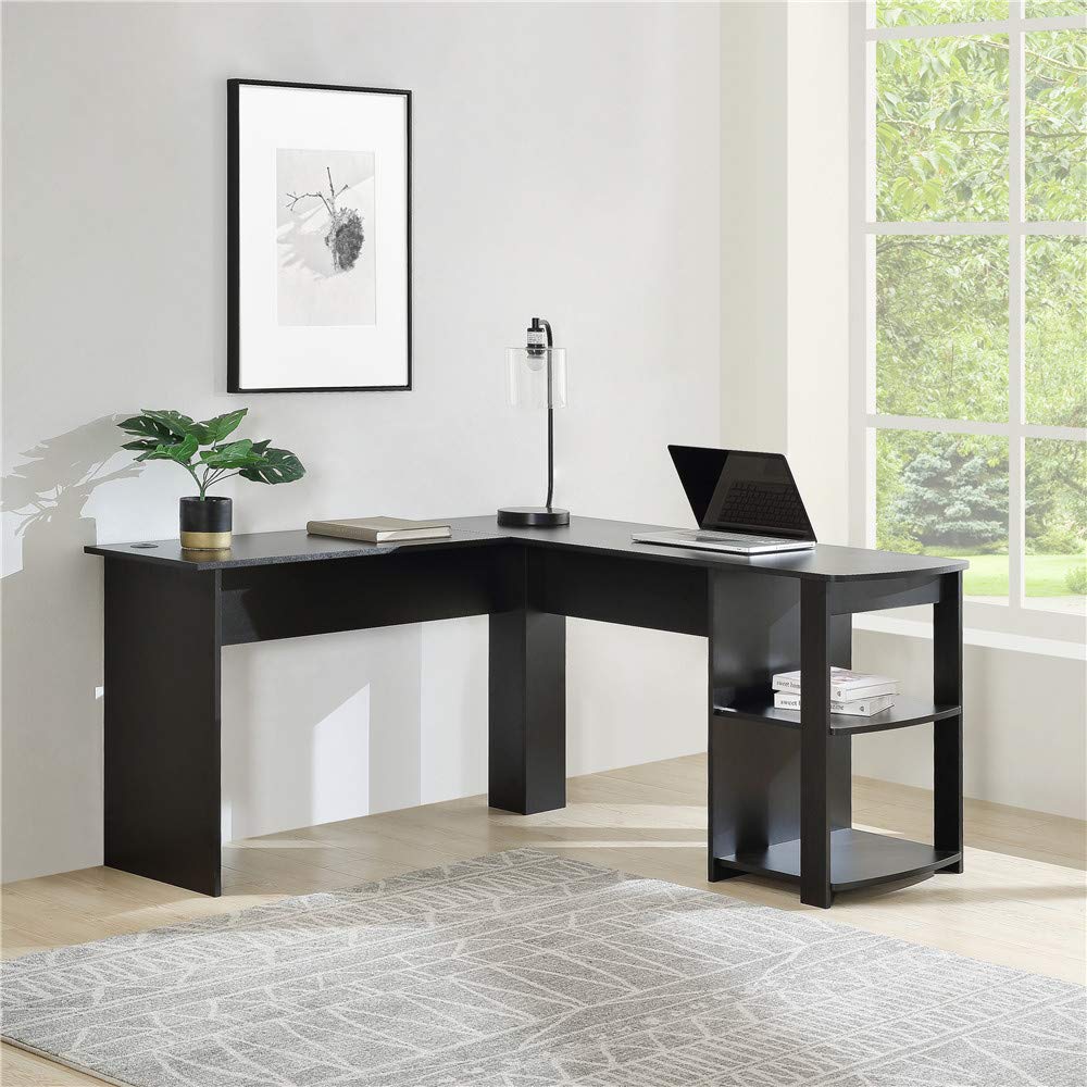 L-Shaped Home Office Corner Desk Wood Top Modern Laptop Study Table Workstation Gaming Writing Desk (Black)