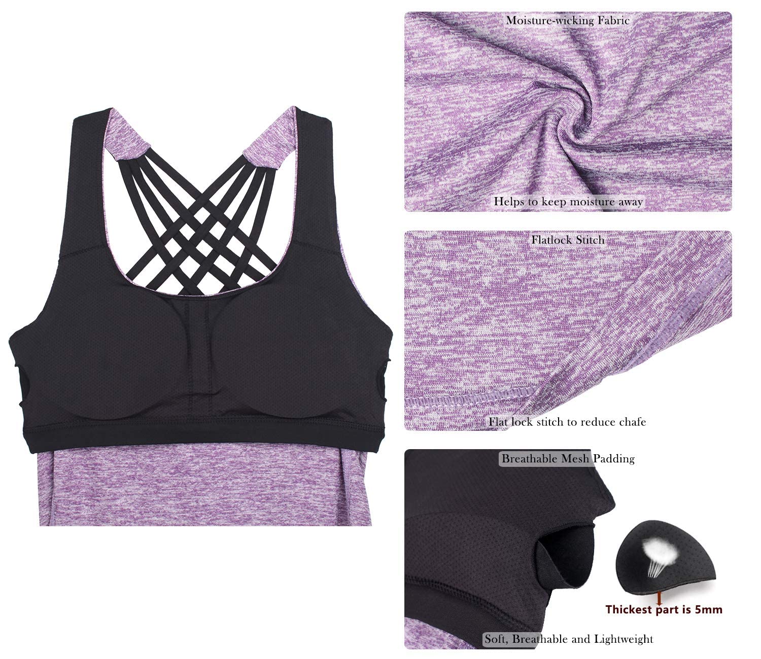 icyzone Yoga Tops Workouts Clothes Activewear Built in Bra Tank Tops for Women (S, Lavender)