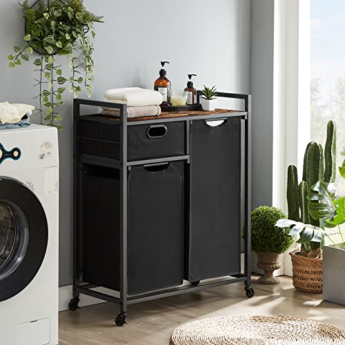 Taiweny Laundry Sorter Rolling Cart, Laundry Hamper with Heavy Duty Wheels, Laundry Basket Organizer with 2 Removable Bags, Drawer & Shelf for Laundry room, Bathroom (Black-Brown)