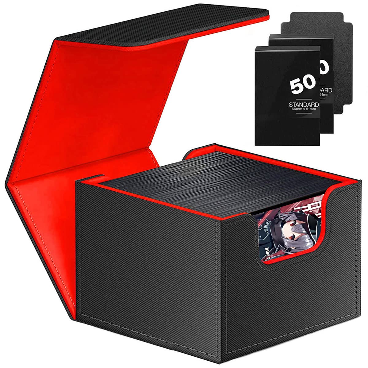 Scimi Commander leather Deck Box, designed specifically for Magic: The Gathering (MTG) and Trading Card Game (TCG) enthusiasts, hold over 100 sleeved cards (Black/Red)