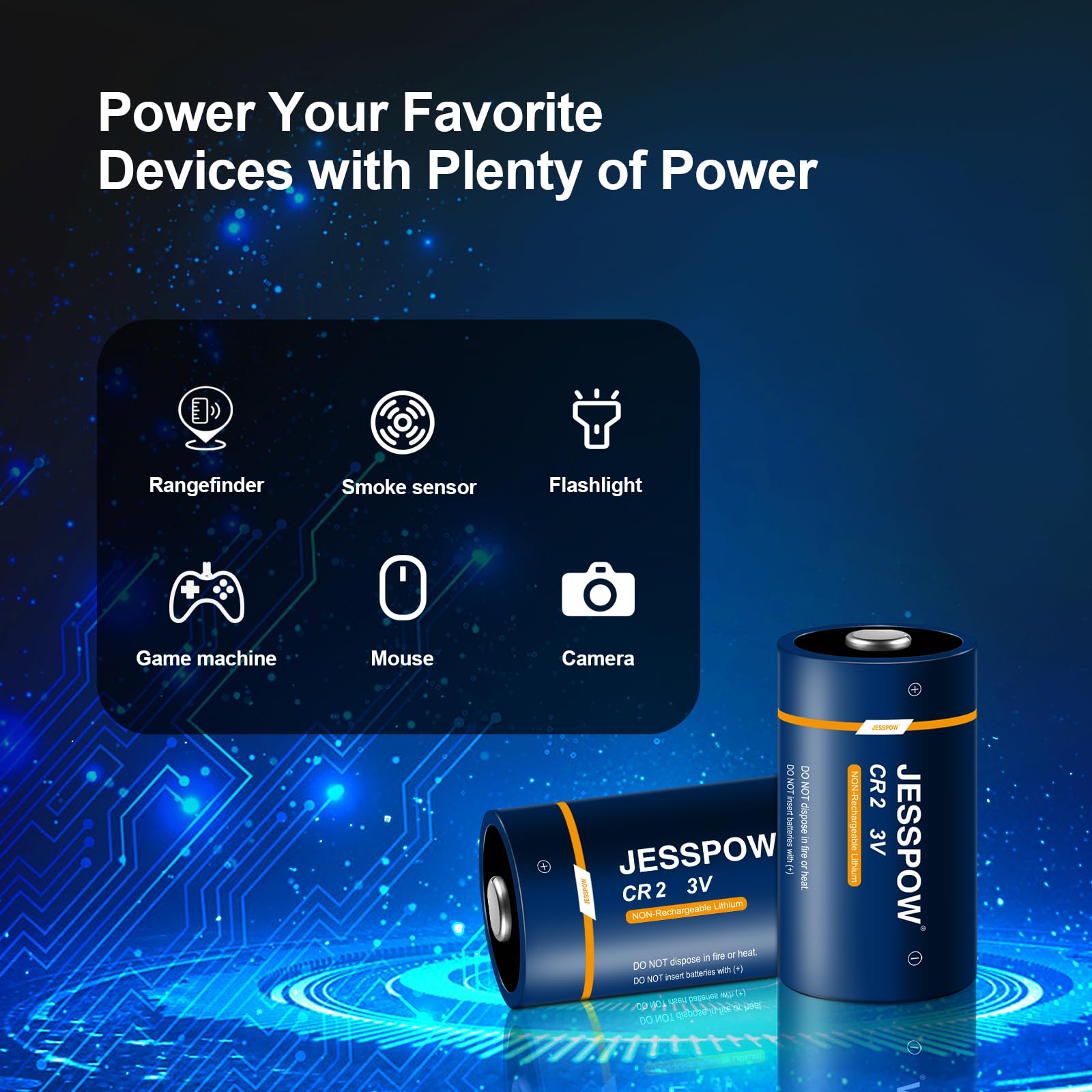 JESSPOW CR2 3V Lithium Battery, CR2 Batteries for Golf Rangefinder, Flashlight, Photo Cameras, Alarm Systems 2 Pack (Non-Rechargeable)