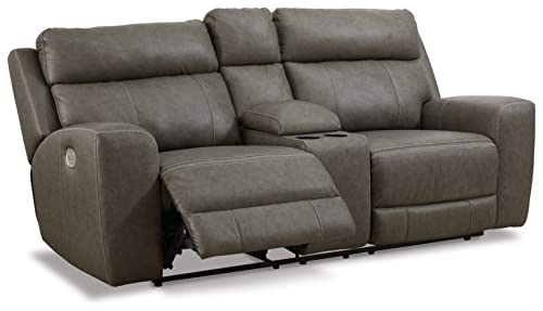 Signature Design by Ashley Roman Contemporary Tufted Leather Power Reclining Loveseat with Console and Adjustable Headrest, Gray