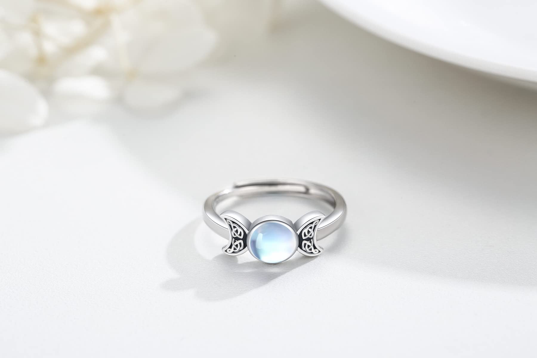 lotus & leaf Triple Moon Goddess Ring Sterling Silver Moonstone Jewelry Pagan Wiccan Ring Triple Moon Goddess Gifts for Women