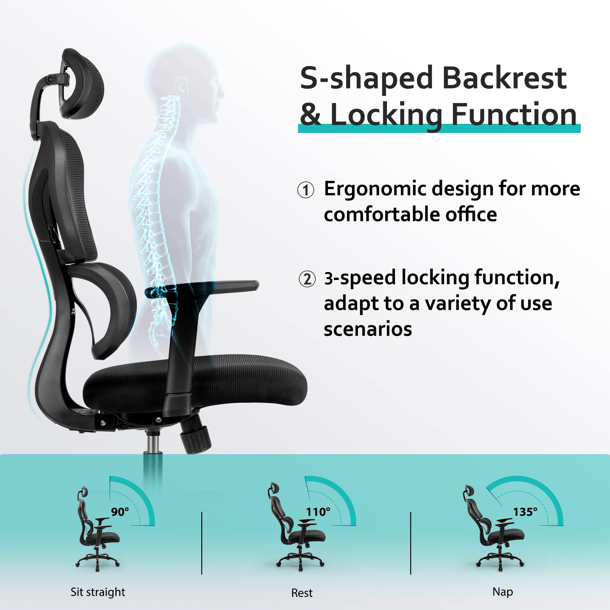 KERDOM Ergonomic Office Chair, Home Desk Chair, Comfy Breathable Mesh Task High Back Thick Cushion Computer Chair with Headrest and 3D Armrests, Adjustable Height Home Gaming Chair (S-Grey)