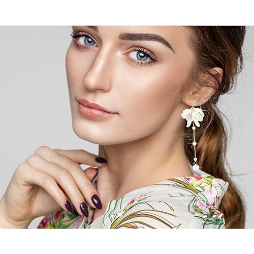 KRUCKEL White Pressed Flower Dangle Earrings | Golden Studs with Pearl like Drops | Hypoallergenic, Lightweight Jewelry for Women | Sparkle at Birthday, Anniversary, Graduation, Wedding