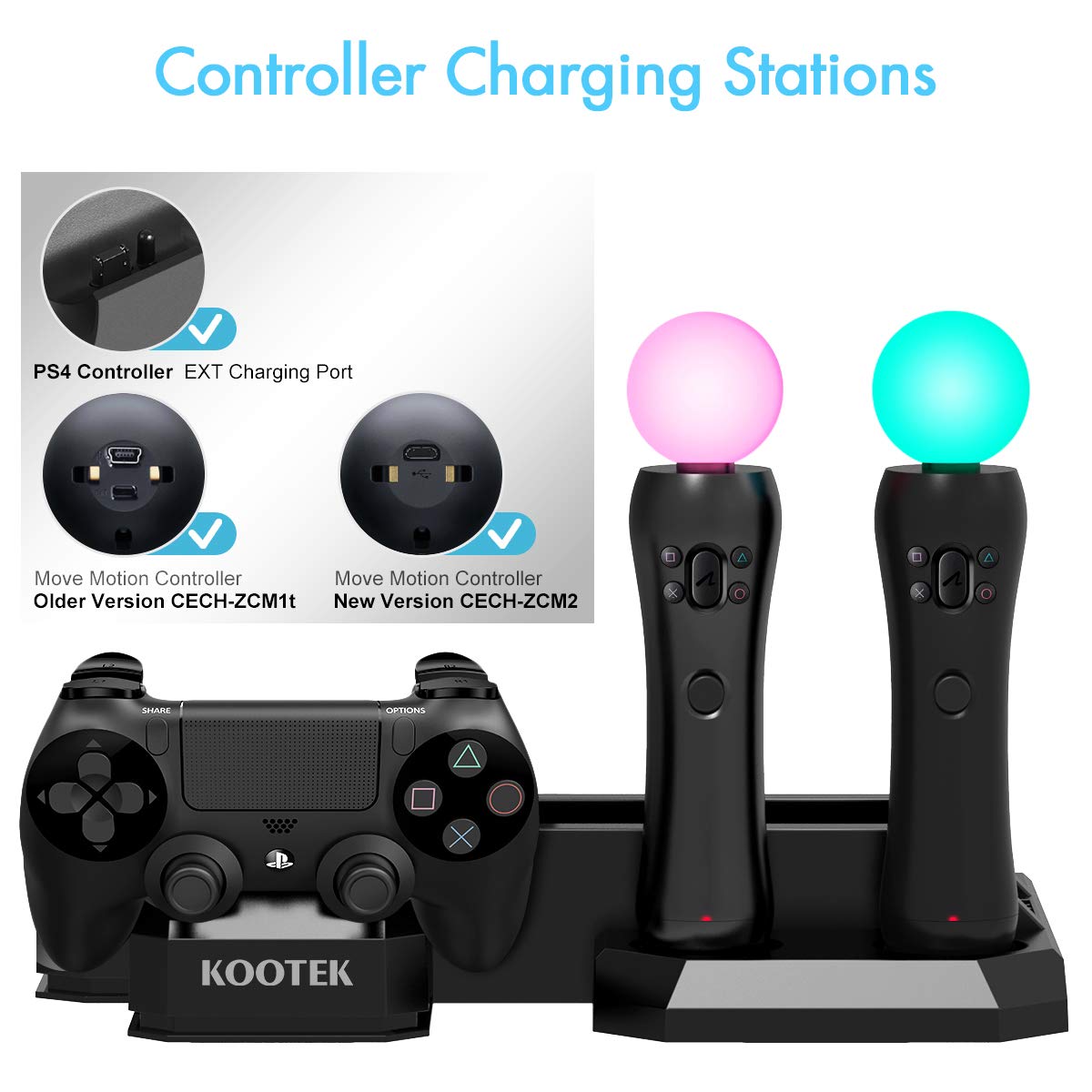 Kootek Charging Stand with Cooling Fan for Playstation VR Move Motion Controllers, Fit for PS4 Slim / PRO / Regular PS4 Console with DualShock 4 Wireless Controller EXT Port Charger ( CUH-ZVR2 & 1 )