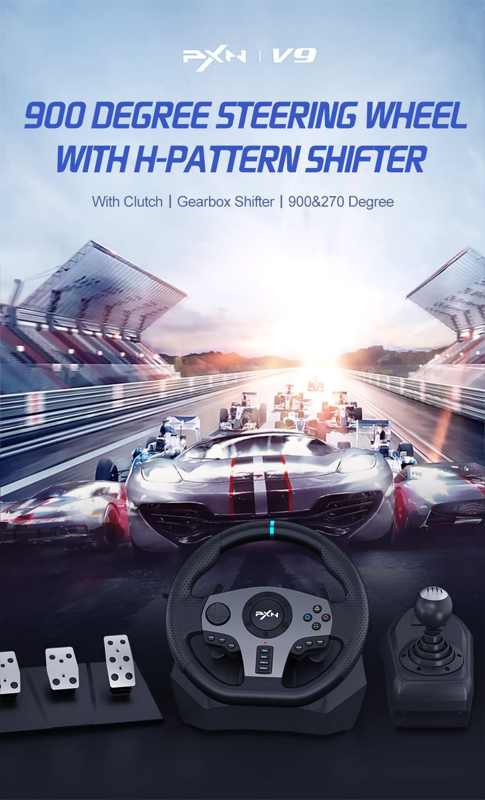 PXN V9 Gaming Racing Steering Wheel, 270/900° Car Simulation, with 3-Pedals and Shifter Bundle Pedal, Paddle Shifters Driving Wheel for PS4, Xbox Series X|S, PS3, PC, Xbox One, Nintendo Switch