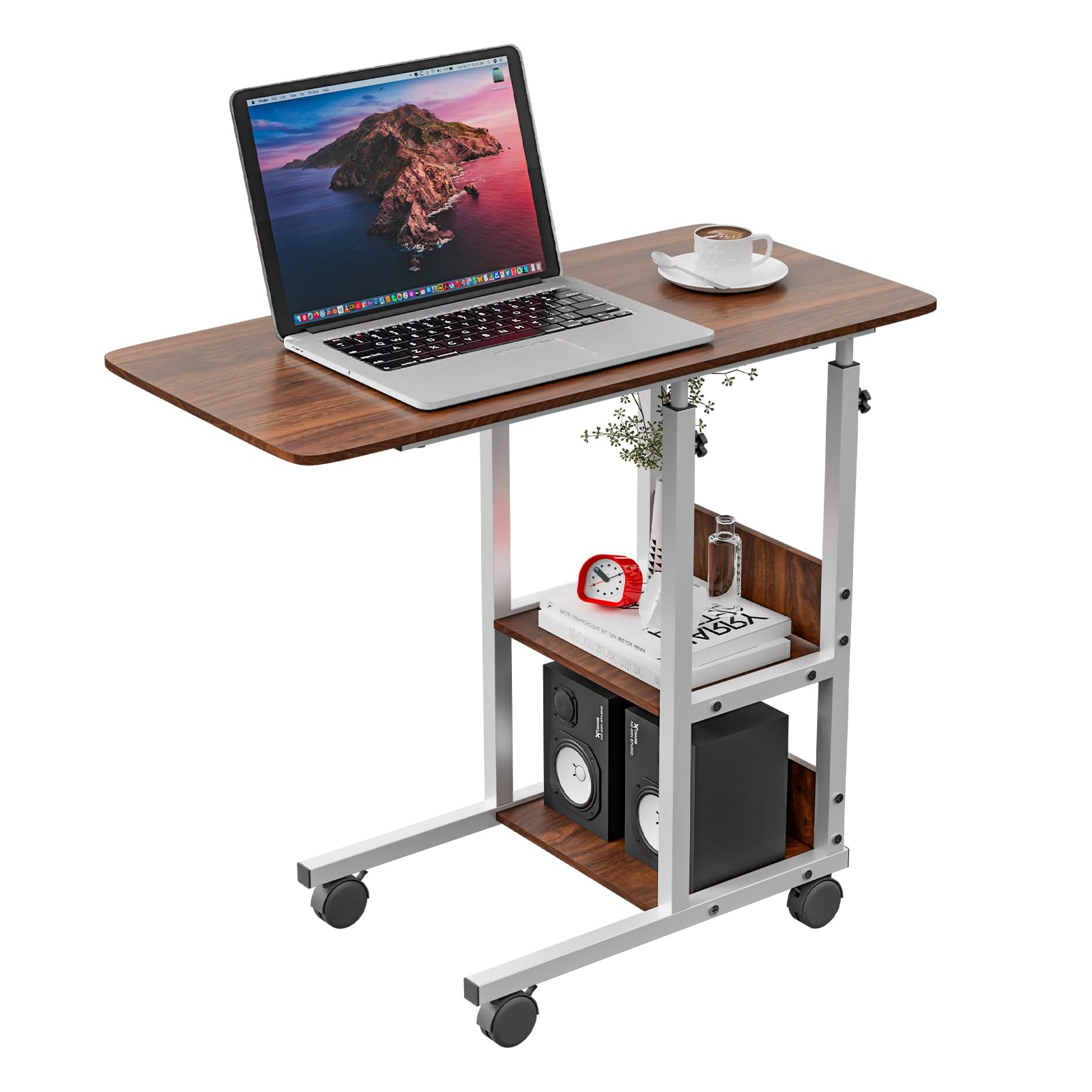JACENHONE Home Office Desk Height Adjustable End Table Creative Laptop Cart Side Table with Wheels & Storage Shelves for Study Room Bedroom Living Room 16" D x 31" W x 33" H (Walnut)