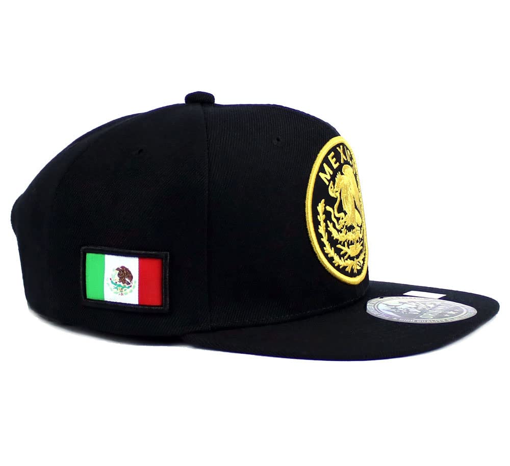 Mexican Hat Mexico Eagle Federal Logo Embroidery Snapback Flat Bill Baseball Cap (Black- Gold)