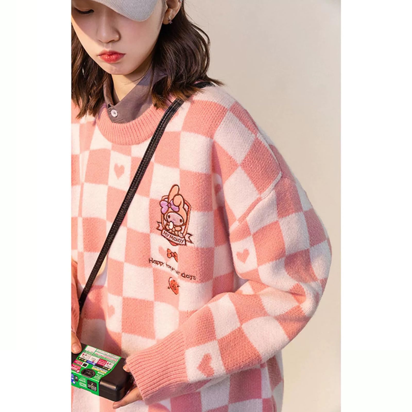Kawaii Plaid Sweaters Anime Knitted Outerwear for Women Cosplay Costume Casual Oversized Sweater Pullover (as1, alpha, m, regular, regular, Black)