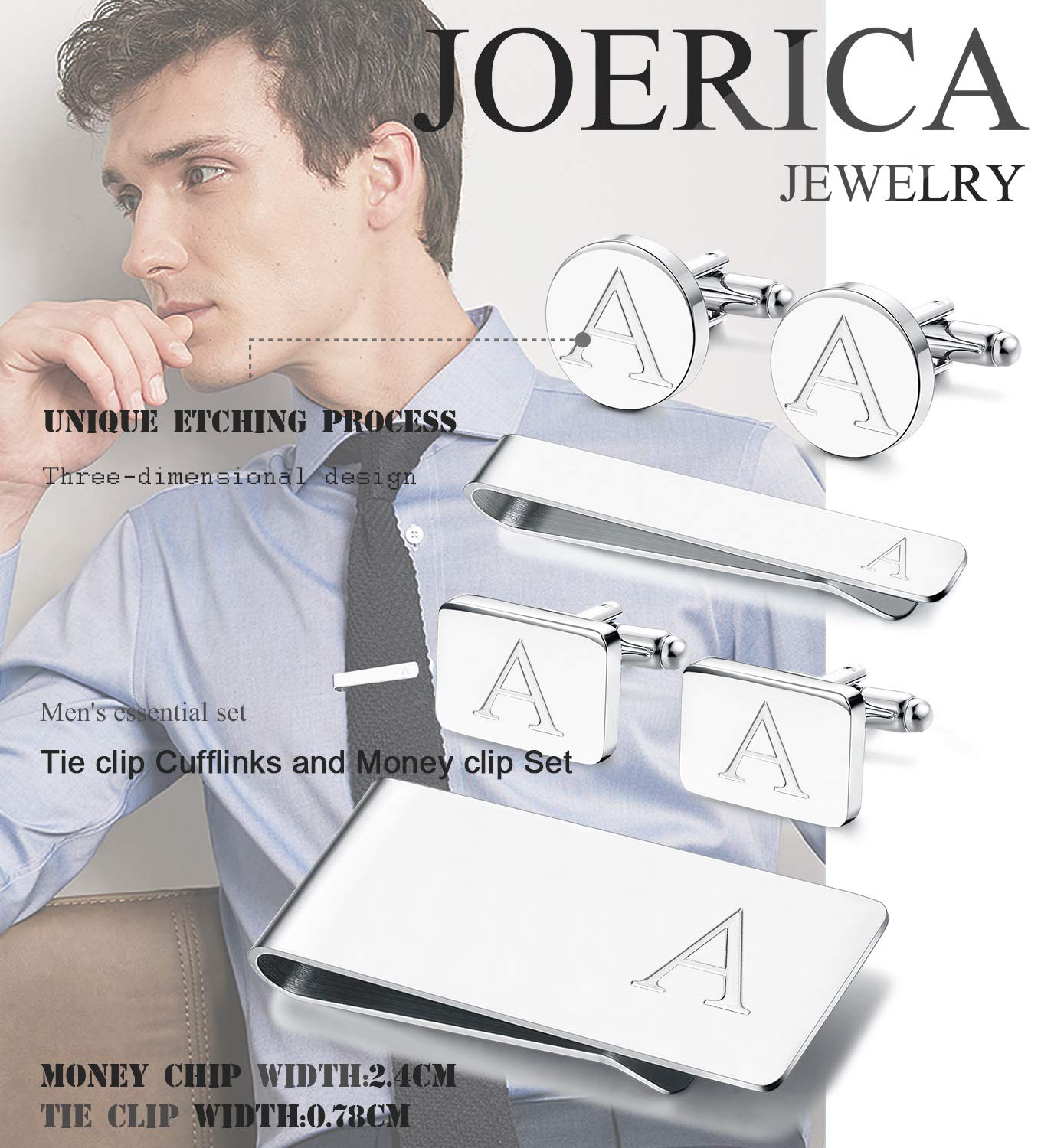JOERICA 6 PCS Engraved Initial Cufflinks Tie Bar Money Clip Set Shirt Alphabet Letter Wallet Tie Clip and Cufflink Set