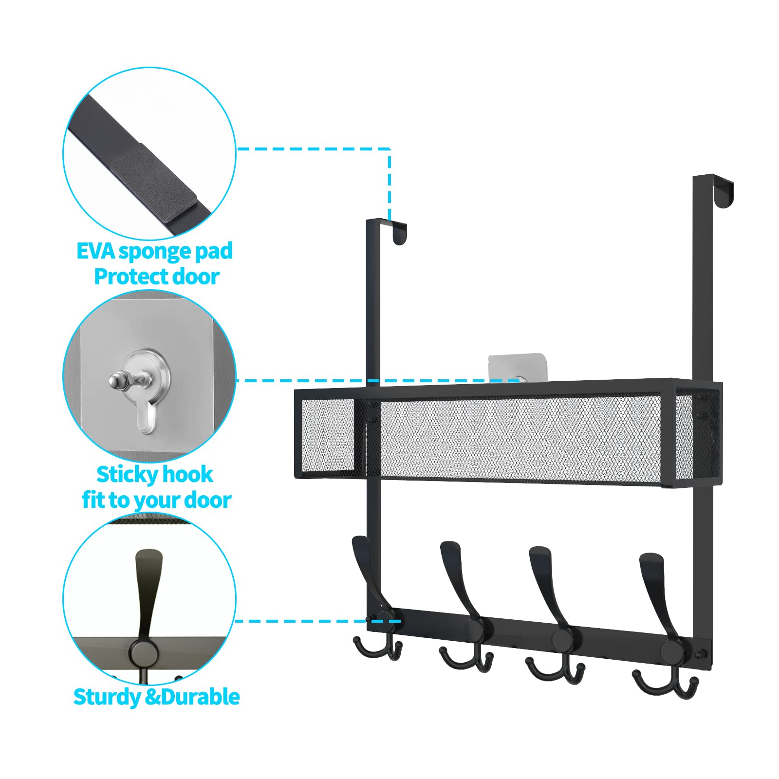 Kaiferty Over The Door Hooks Organizer,Over Door Hanger Towel Rack Mesh Basket with 12 Hooks,Back of Door Storage Organizer for Bedroom,Bathroom,Kitchen,Office(Black)