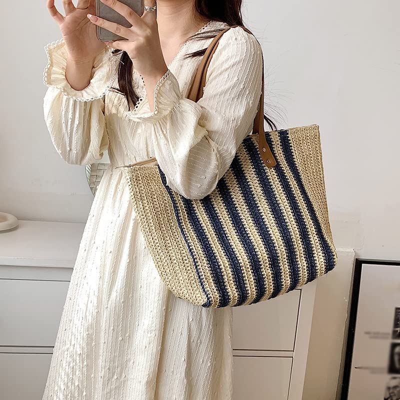 N/A Summer Striped Straw Bag Women Woven Shoulder Handbag Rattan Handmade Beach Bag Large Capacity Totes (Color : B, Size : One Size)