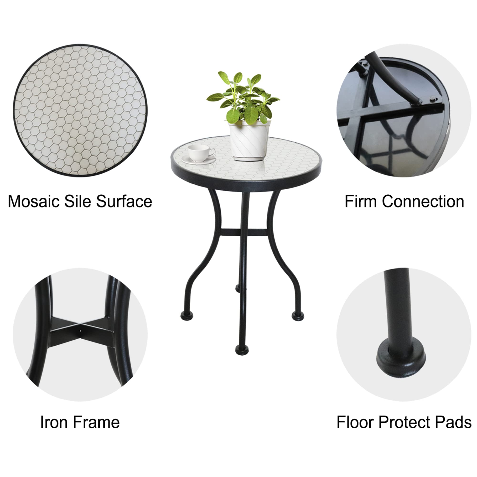 KGOPK Mosaic Table, Patio Bistro Table, Accent plant Table, Coffee Table, Garden Backyard side Table, Plant Stand for Outdoor & Indoor, Heavy Duty, 14”(Dia) x 16”(H), White
