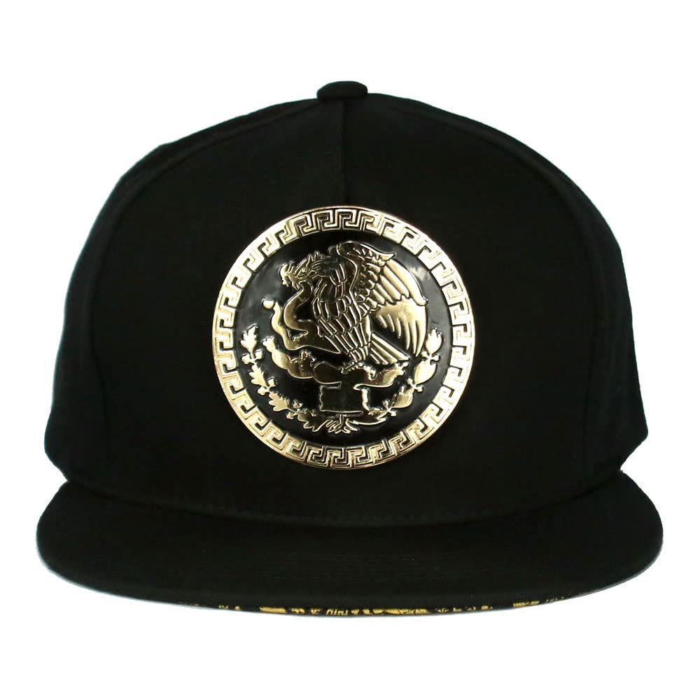 Mexican Mexico Hat Federal Metallic Gold Logo Snapback Flat Bill Baseball Cap (Black)