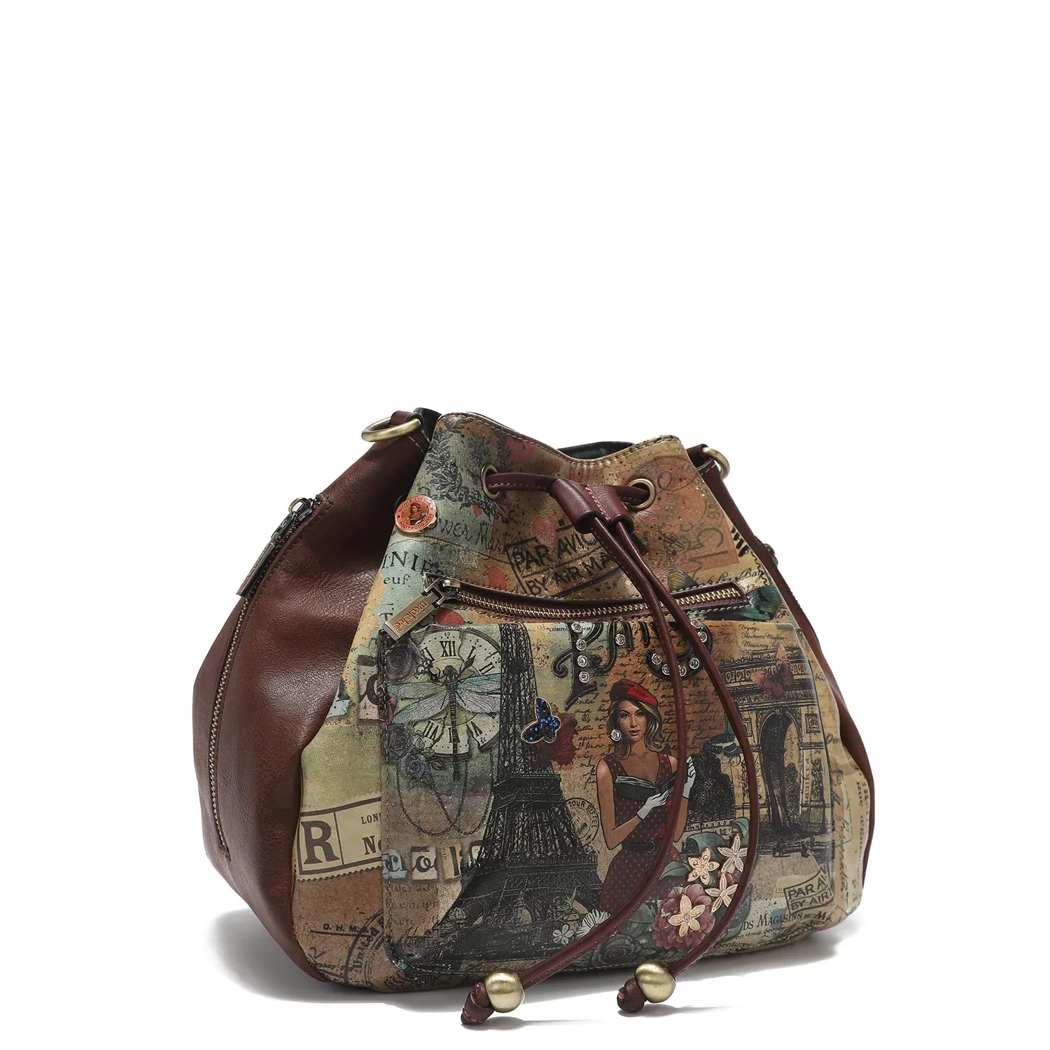 Nicole Lee Paris Fashion Week Medium Bucket Bag, Drawstring Crossbody, Butterfly Flower Embellishments, Multiple Pockets