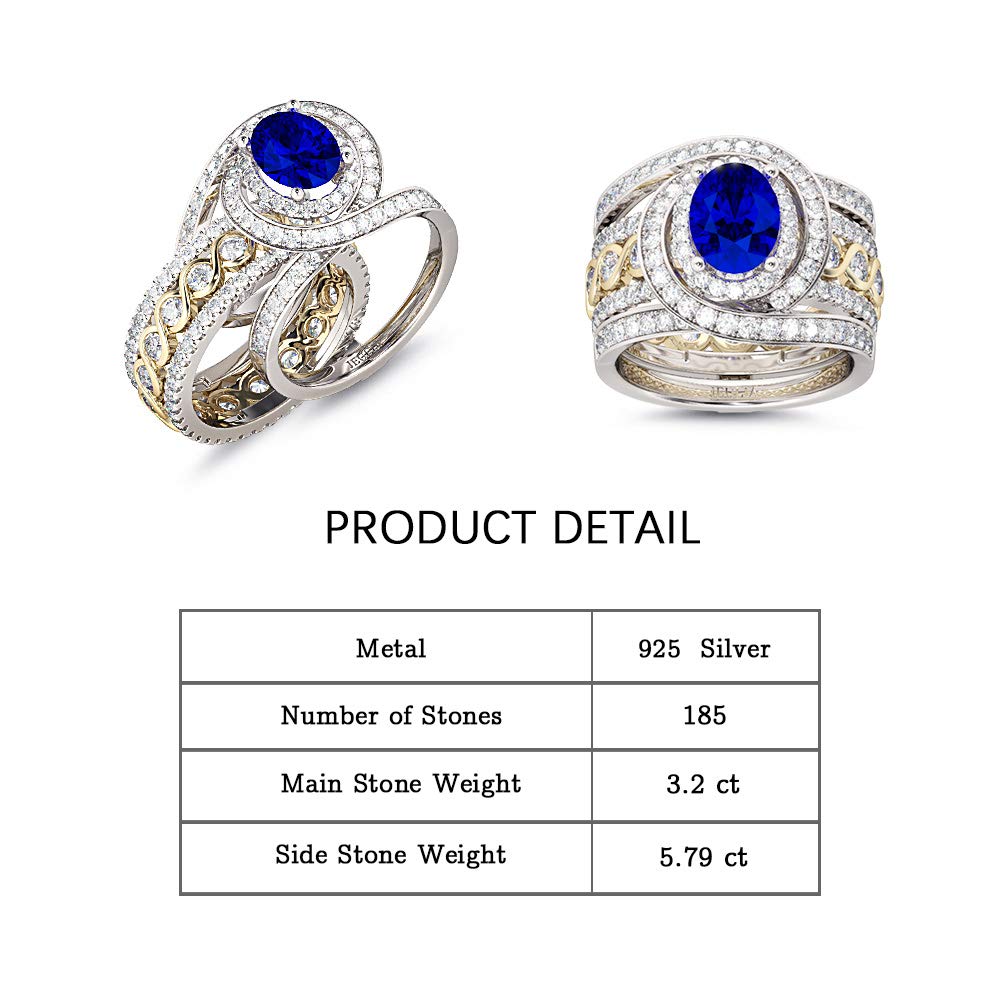 Jeulia Oval Solitaire Engagement Silver Ring: Sterling Bridal Ring Sets Sapphire Blue Cubic Zirconia Wedding Eternity Band with Jewelry Box (Blue, 7)