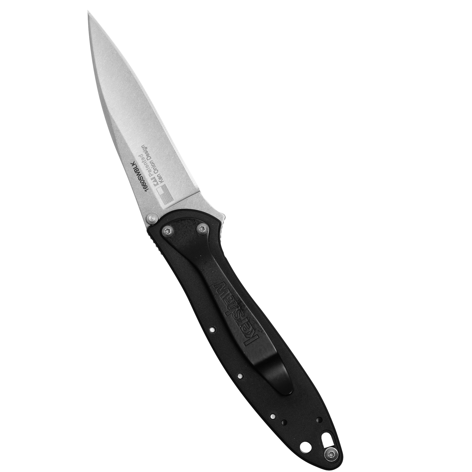 Kershaw Leek, Black Folding Knife (1660CKT); 3 OZ. & Leek, Stonewashed Pocket Knife (1660SWBLK) 3” Stonewashed High-Performance Sandvik 14C28N Steel Blade, Black Anodized Aluminum Handle; 2.4 OZ
