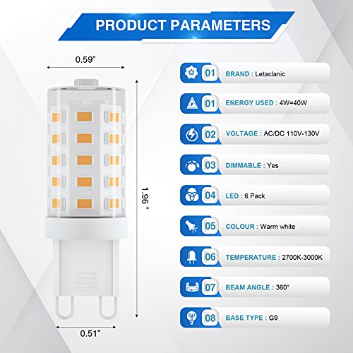 Letaclanic Dimmable G9 LED Light Bulbs 3000K Warm White Lighting , 4W Equivalent to 40W , AC DC 110V-130V No-Flicker , Bi-pin G9 LED Bulbs for Chandelier (6-Pack)