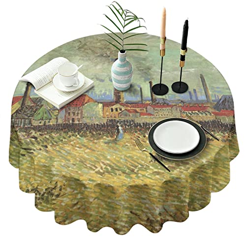 Round Waterproof Tablecloth Van-Gogh-Factories-at-Asni¨¨res-Viewed-from-the-Clichy's-Quay,-Paris-[1887]- for Kitchen Dining/Party/Wedding Use Reusable Table Cover