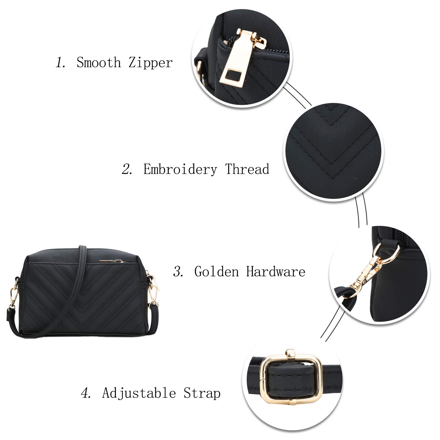 KKXIU Triple Zip Lightweight Small Crossbody Bags for Women Quilted Shoulder Purses and Handbags (Black) …