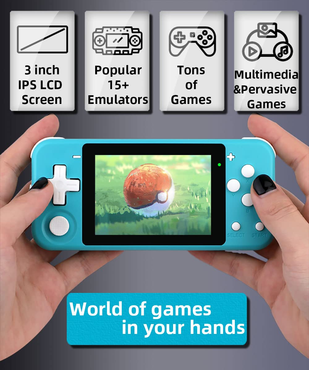 Q90 Handheld Game Console 3 inch Retro Games Consoles Built-in Rechargeable Battery Portable Style Hand Held Game Gaming Consoles System Turquoise 64GB