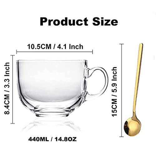 YAMSH Large Clear Glass Coffee Mugs Set of 2,14.8 oz(440ml)-Wide Mouth Tea Cups with Handle and Spoon Transparent Drinking for Cappuccino Cups, Latte, Milk color 4 Piece