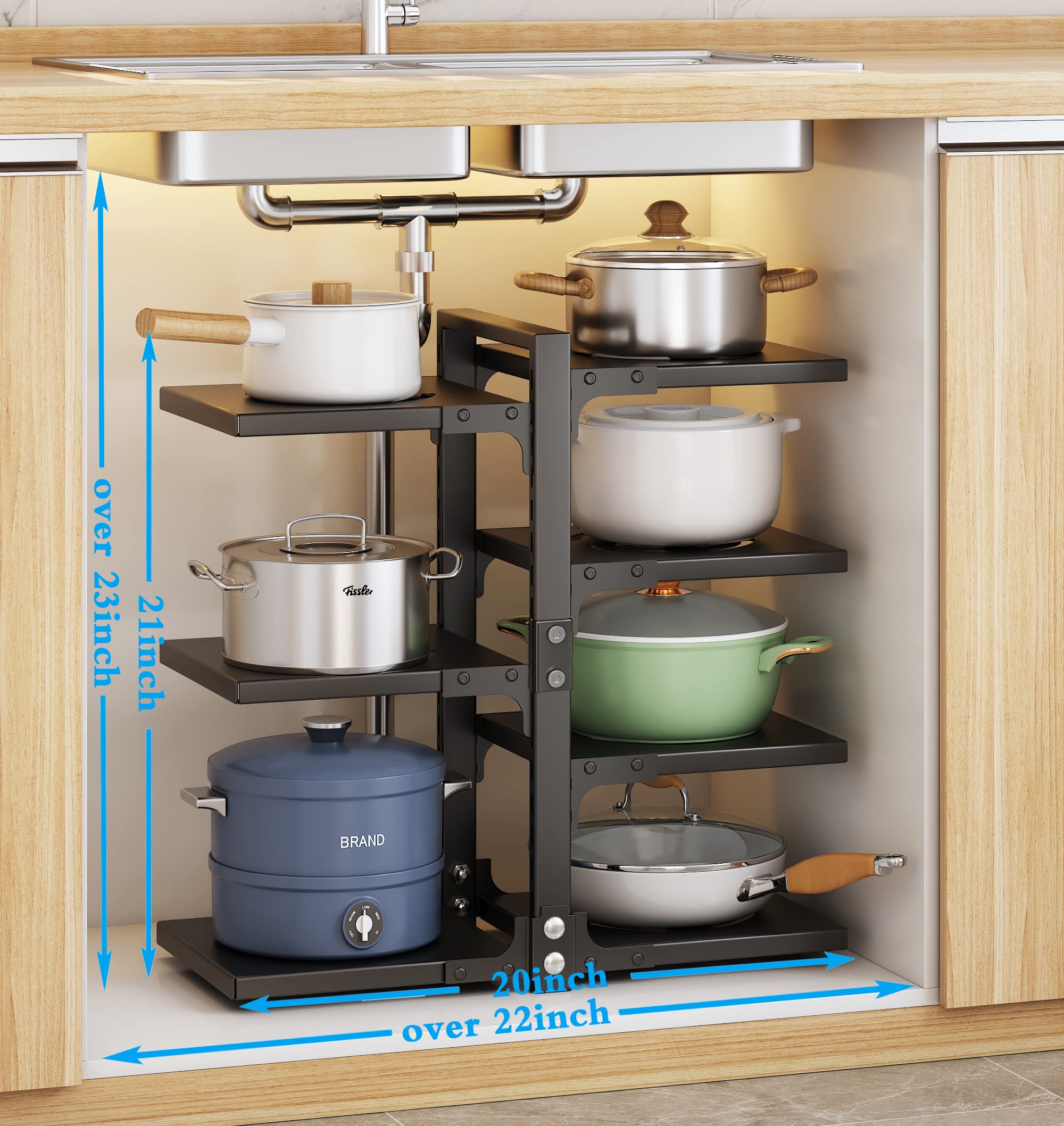 Kswoicykley Pots and Pans Organizer for Cabinet Storage, Adjustable 8-Tier Heavy-Duty Pot Rack for Kitchen Organization, Pot Lid and Pan Holder, Space-Saving Kitchen Cabinet Organizer Rack (8 tiers)