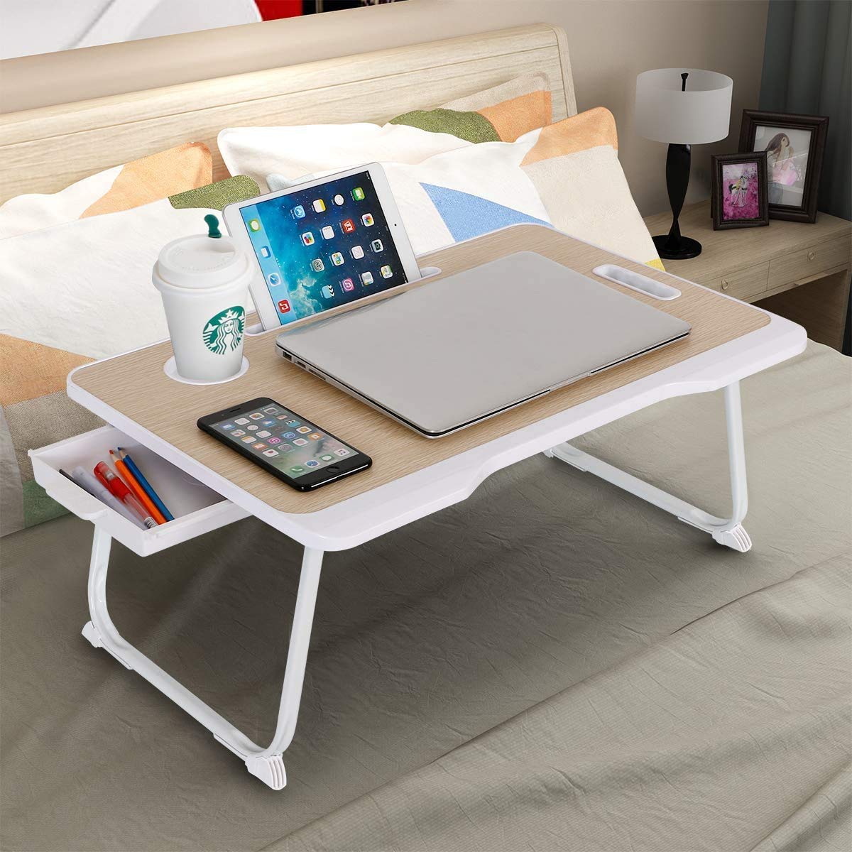 Laptop Desk with Drawer, Astoryou Portable Laptop Bed Tray Table Notebook Stand Reading Holder Built in Convenient Handle & Foldable Legs & Cup Slot for Bed/Sofa/Couch/Floor (Beige)