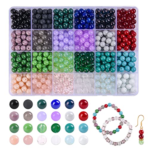 UNIAYSENG 600PCS Round Glass Beads for Jewelry Making, 24 Color DIY Gemstone Crystal Beads Bracelet Making Kit Healing Chakra Beads,8mm Loose Beads Crystal Spacers for Friendship Bracelet