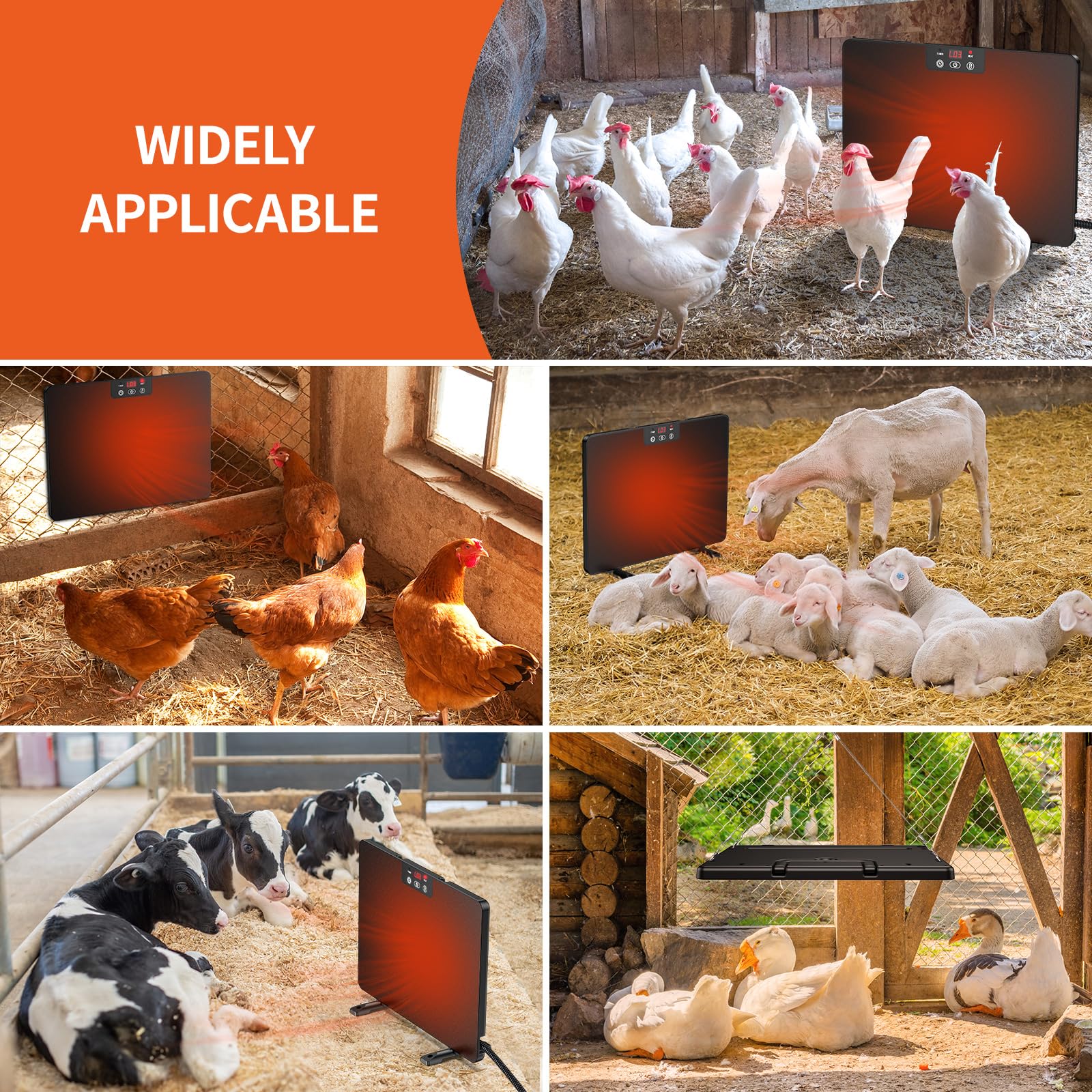 Kesfitt Chicken Coop Heater,Radiant Heat Panel with Handle,5 Timing Setting and 3 Temperature Levels,100/200 Watts Energy Efficient Safer Than Brooder Lamp,3 Installation Style