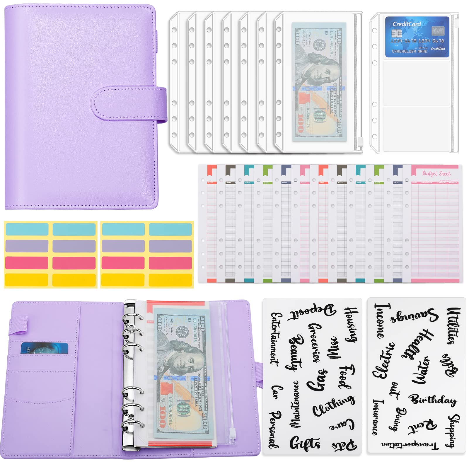 KTRIO A6 Budget Binder with Zipper Envelopes, Cash Envelopes for Budgeting, Money Organizer for Cash, Bill Money Saving Binder Planner, 26PCS A6 PU Leather Budget Notebook System, Gift - Purple
