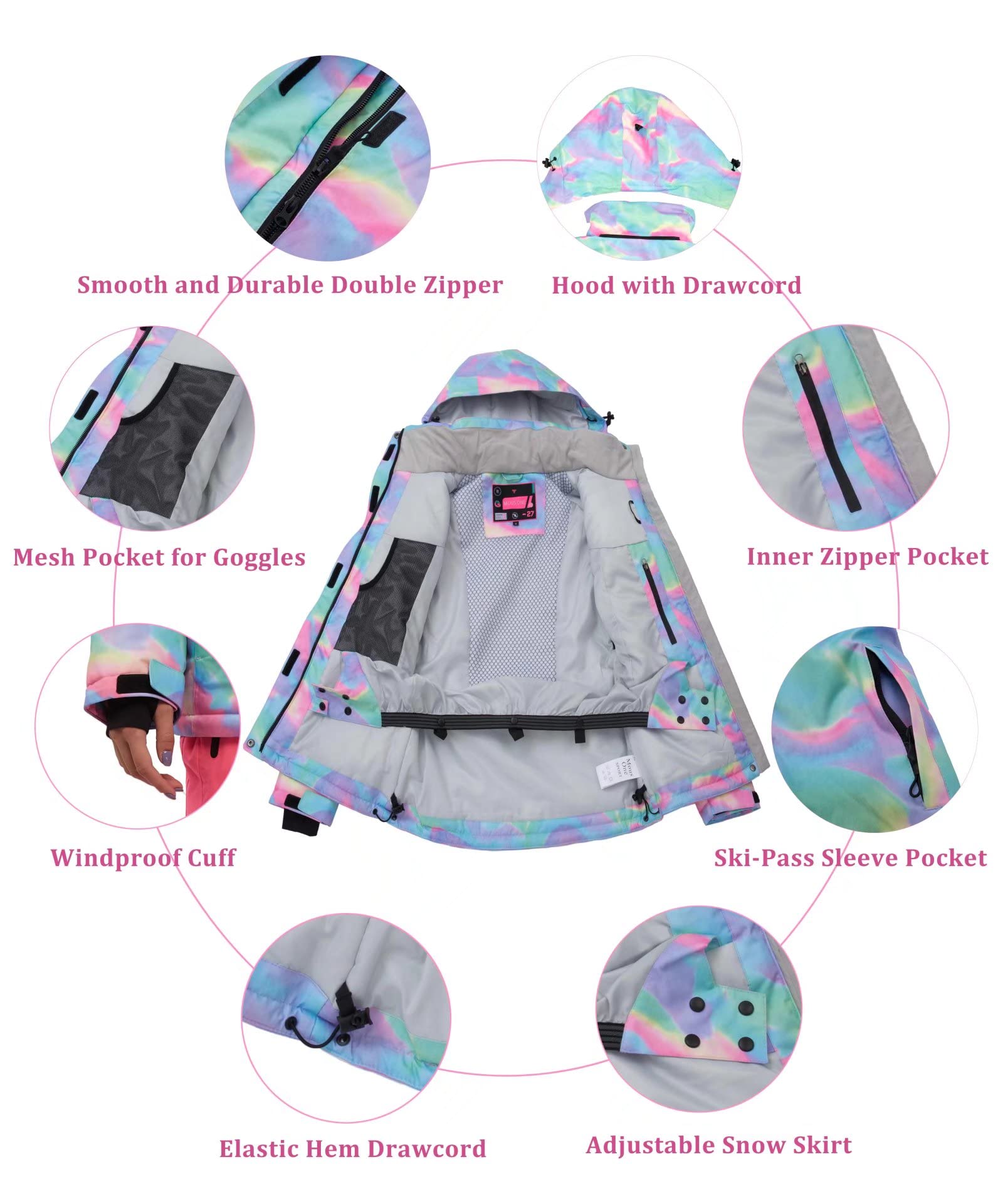 MOUS ONE Women's Ski Jackets and Pants Set Waterproof Snowboard Snowsuit Colorful Winter Warm Snow Coat Suit Windproof Insulated(Pink+Black, M)
