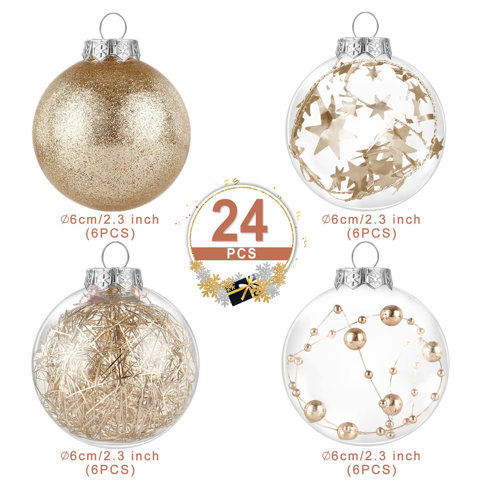 KESOTO 24Ct Christmas Ornament Balls 60mm/2.3", Shatterproof Champagne Christmas Tree Decorations Ornament Sets Clear Plastic Xmas Hanging Ball Decor
