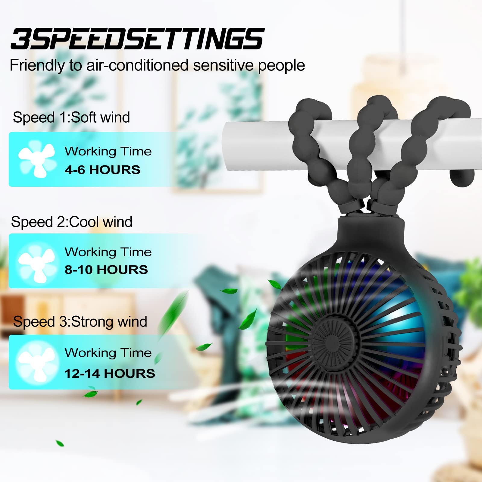 scurry Stroller Fan, Portable Desk Fan, Mini USB Fan, 2600mAH Rechargeable Battery Operated Fan with LED Light and Aromatherapy, Flexible Tripod Design Personal Handheld Fan for Stroller (Black)