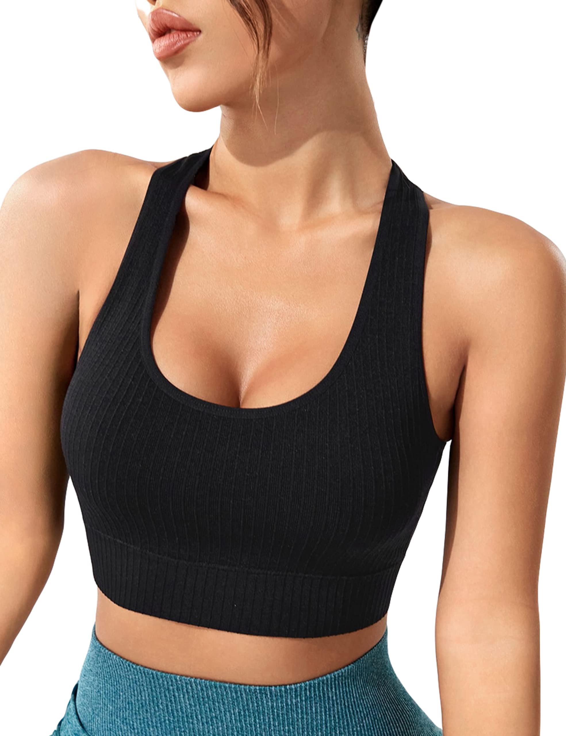 Milumia Women's Rib Knit Racerback Workout Tank Top Seamless Athletic Crop Tops Black Small