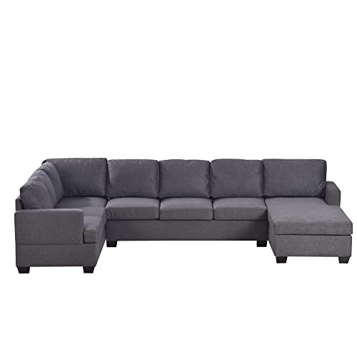 UBGO U Shaped Modular Sectional Sofa with Wide Chaise Lounge, Oversized Modern Sofa with Solid Wood Legs Support, Upholstered Fabric Sofas & Couches for Living Room, Office, Spacious Space-Grey