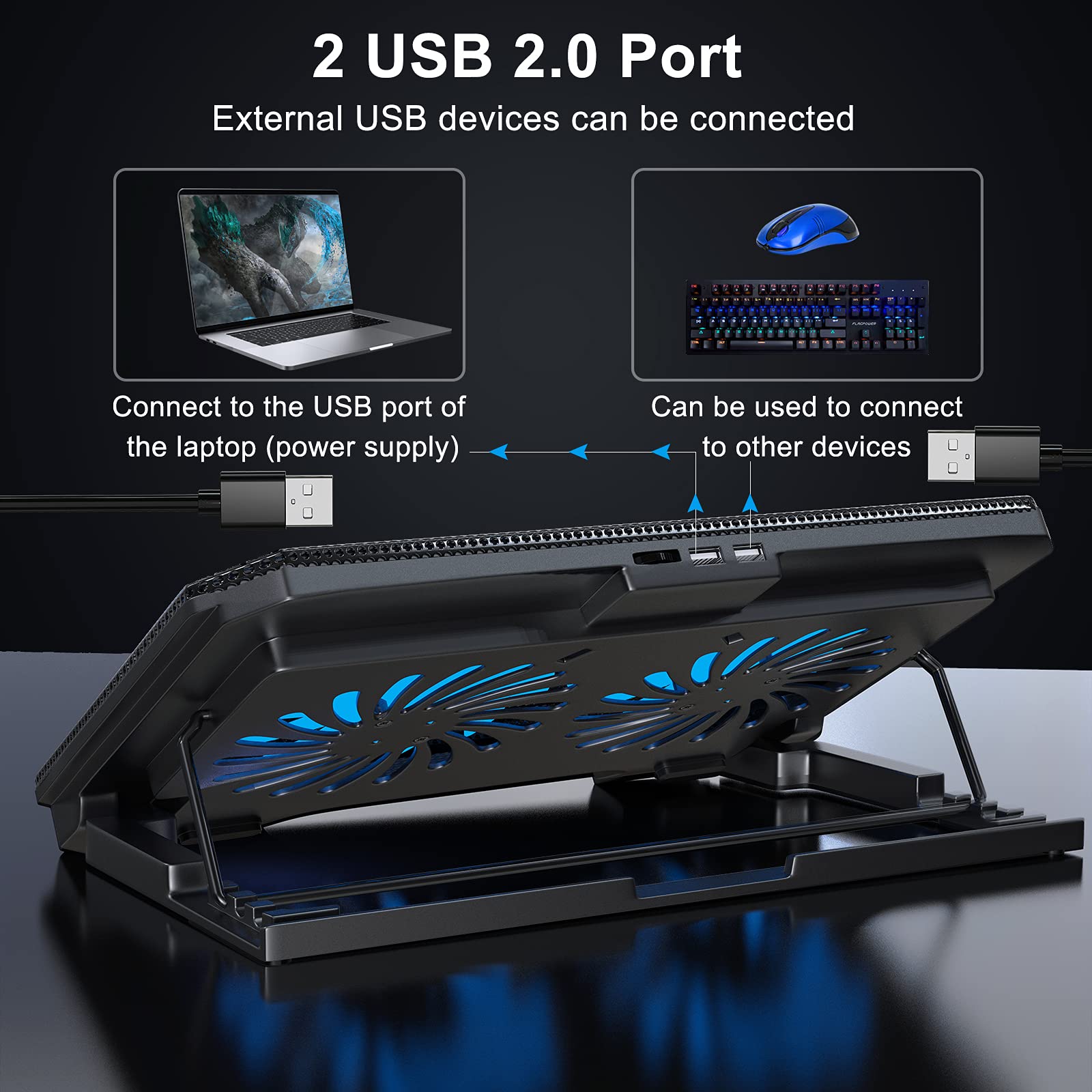 LIENS Laptop Cooling Pad with Adjustable Height Two 5.1 Inches Fan 2 USB Ports Suitable for 12"-15.6" Laptops(Black)