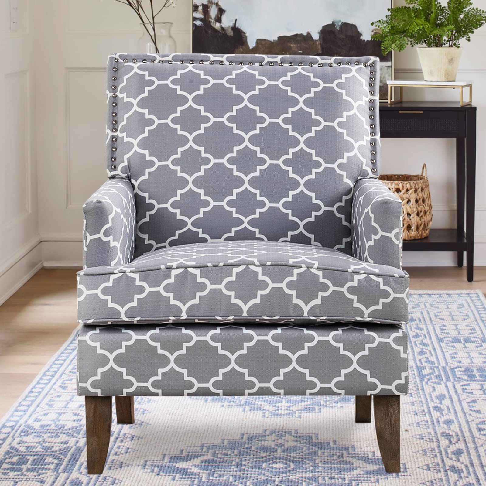 KUVENQIW Modern Accent Chairs,Nailhead Trim Club Chair,Linen Fabric Sofa Chair,Upholstered Button Tufted Armchair,Reading Chair (Grey Pattern)