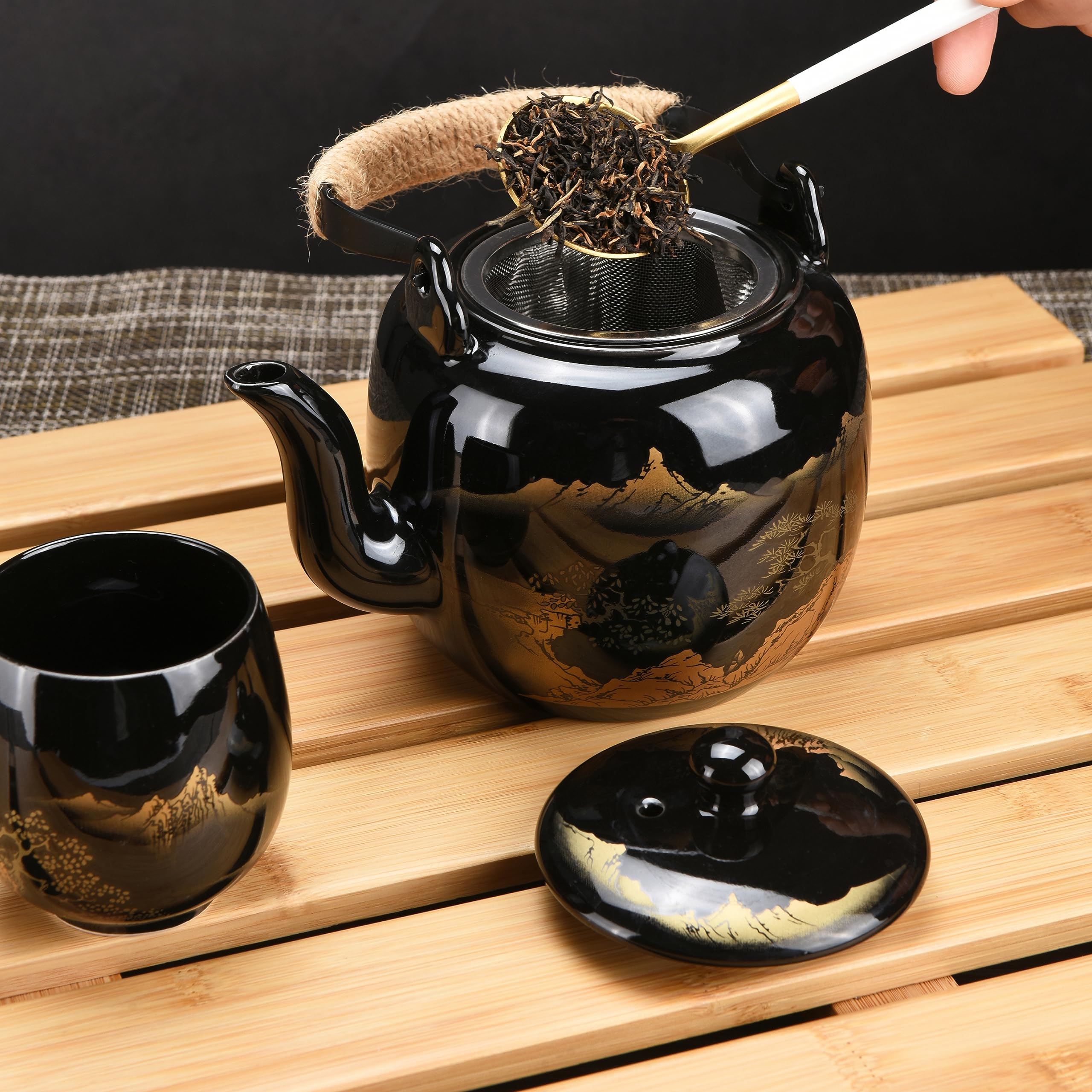 Kitchtic Japanese Porcelain Tea Set: Authentic Ceramic Teapot & Cups - Elegant Design for Tea Parties and Daily Use - Microwave & Dishwasher Safe - Ideal Gift for Tea Enthusiasts - 7 Pcs - Black