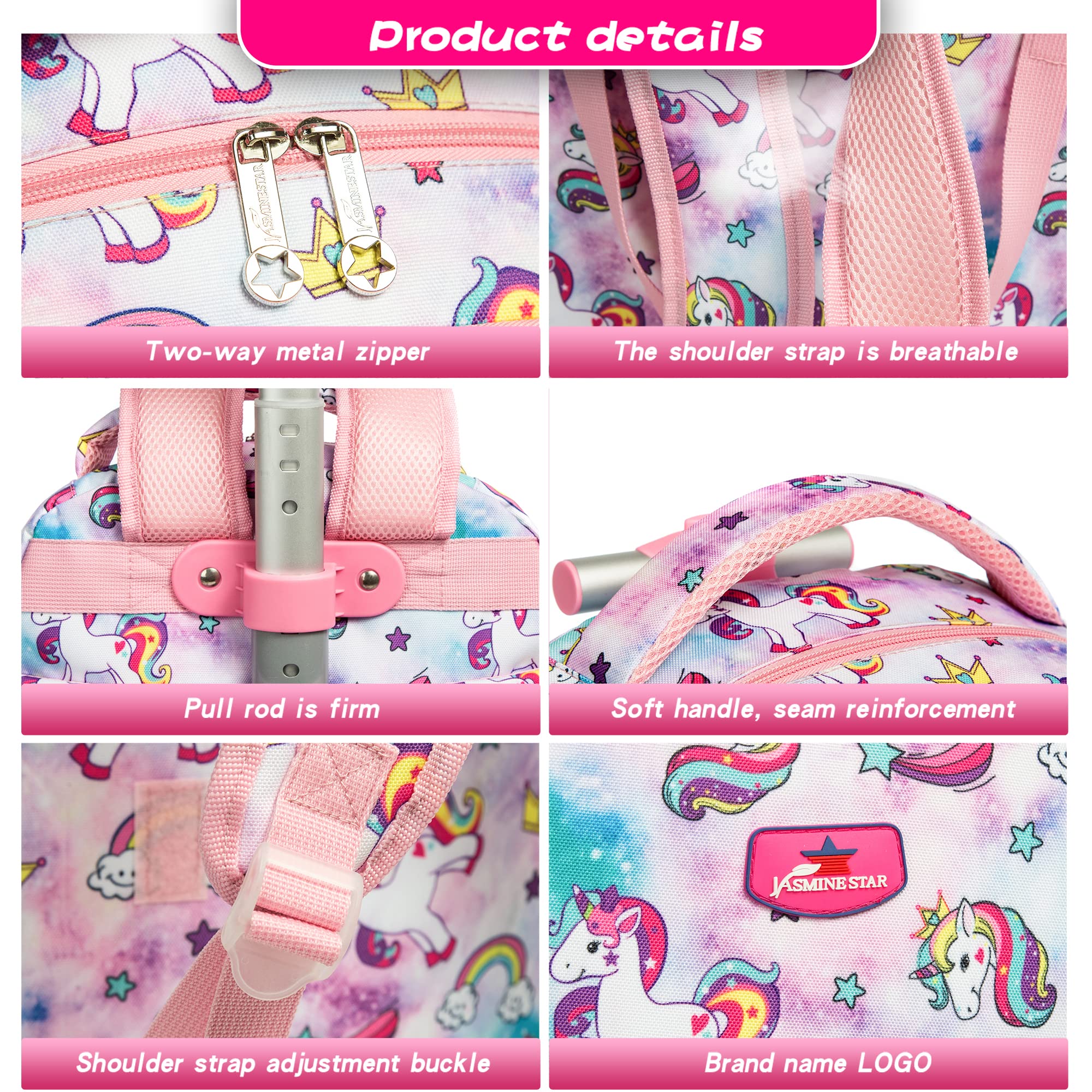 Jasminestar Rolling Backpack 18 inch Wheeled Kids Backpack with Lunch Bag and Pencil Case for Boys and Girls
