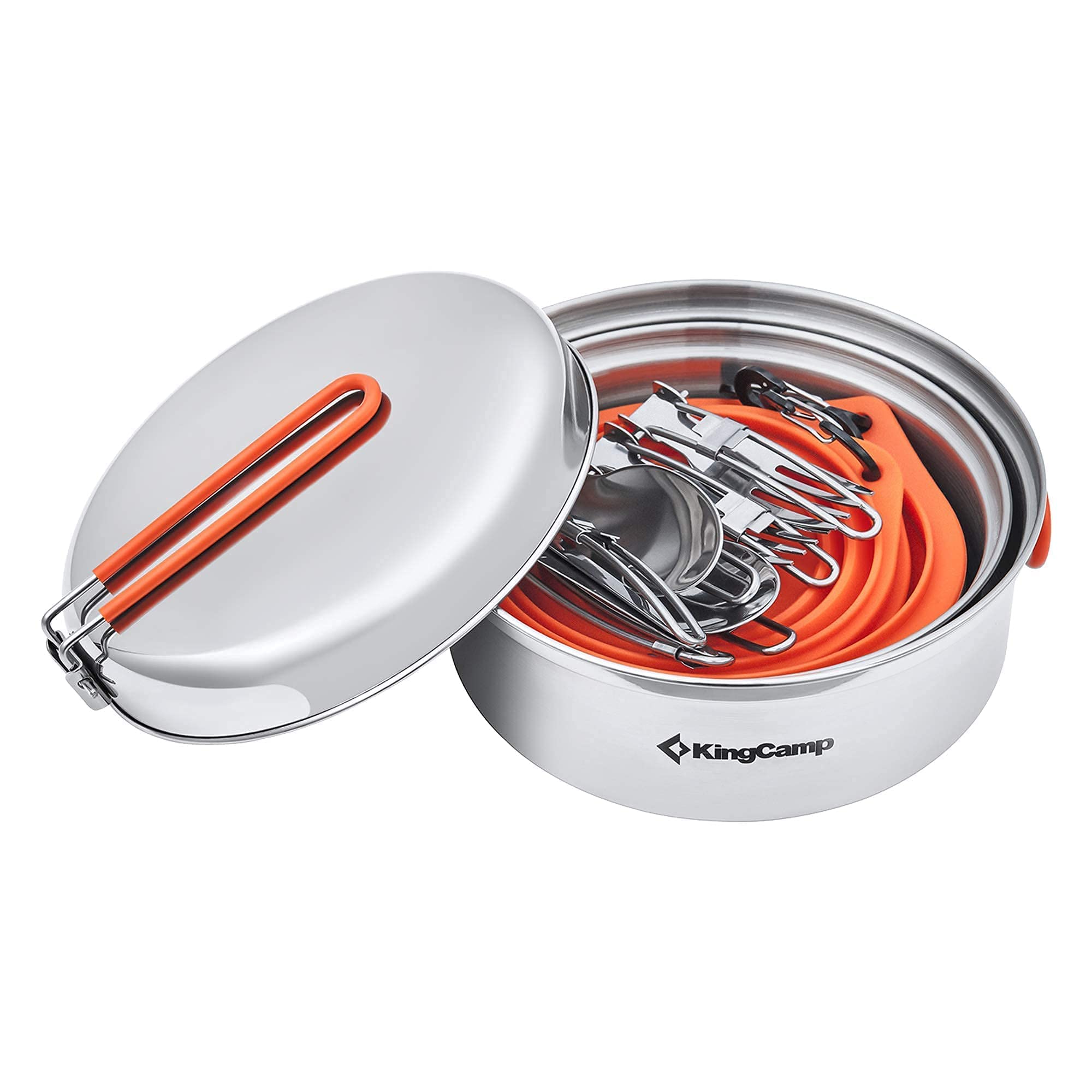 KingCamp 17 PCS Stainless Steel Camping Cookware Mess Kit Lightweight Compact Backpacking Cooking Set for Outdoor Picnic Hiking includes Pot Pan Bowls Plates Knife Spoon Fork 2 Persons