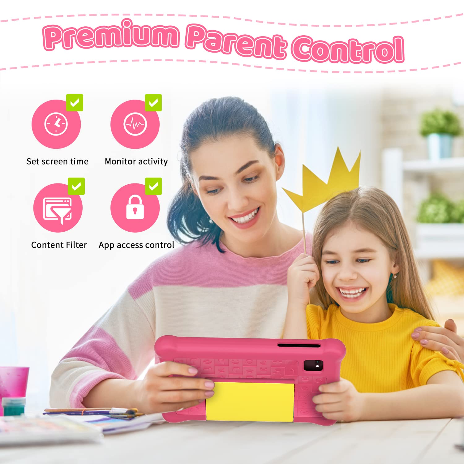 Kunleba 7 Inch Kids Tablet Andriod 12 Tablet for Kids Quad Core 2GB RAM 32GB ROM 128GB Expansion Parental Control Learning Tablet Portable Shockproof Case (Pink)