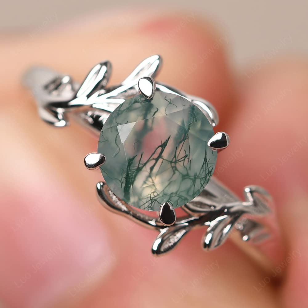 LUO Round Cut 1.25 Carat Natural Moss Agate Ring 925 Sterling Silver Engagement Wedding Ring 7 mm Green Agate Olive Leaf Promise Statement Ring for Women US Size 7