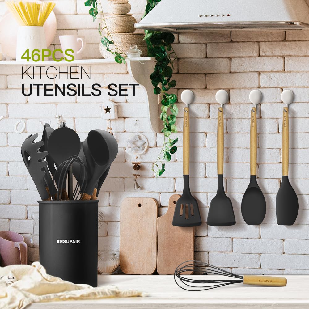 KESUPAIR Silicone Kitchen Utensils Set, 46 pcs Cooking Utensils Set-Silicone Spatula Set- Kitchen Gadgets and Tools with Holder-Wooden Handle Silicone Kitchen Utensil with Tongs,Grater (Black)