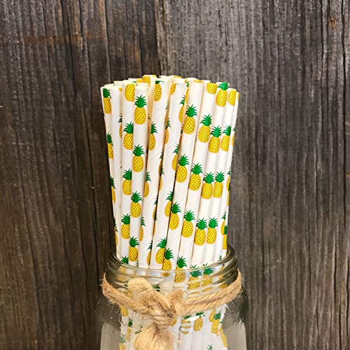 Pineapple Theme Paper Straws - Yellow Green White - Hawaiian Luau - 7.75 Inches - 100 Pack - Outside the Box Papers Brand