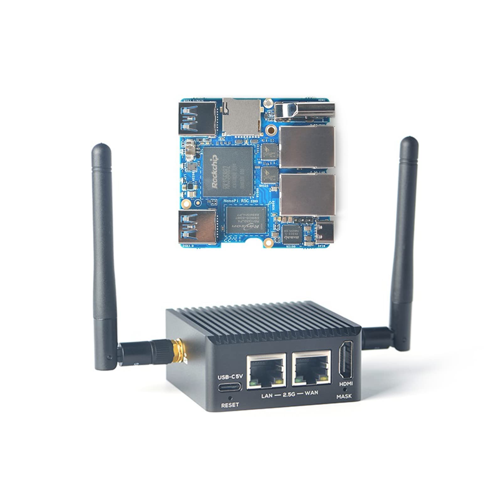 youyeetoo NanoPi R5C Mini Router with Metal Case,1GB LPDDR4X 8GB eMMC, RK3568 Development Board 0.8TOPS NPU Support Docker, Two Ethernet Ports (with M.2 Wi-Fi Module)